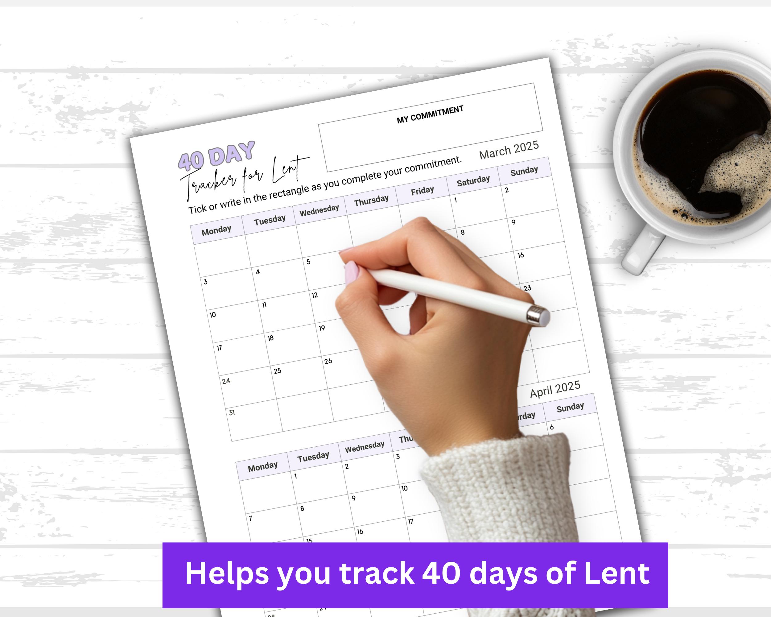 40 Day Lent Printable Tracker, Chart for 40 Day Lent Commitment ...