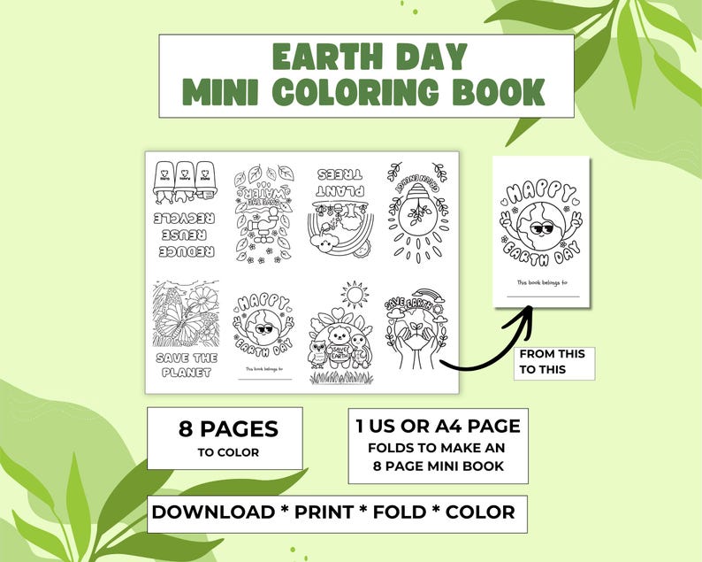 Earth Day Coloring Mini Book, Foldable Mini Booklet, Printable Coloring ...