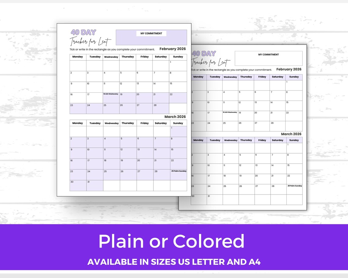 40 Day Lent Printable Tracker, Chart for 40 Day Lent Commitment ...