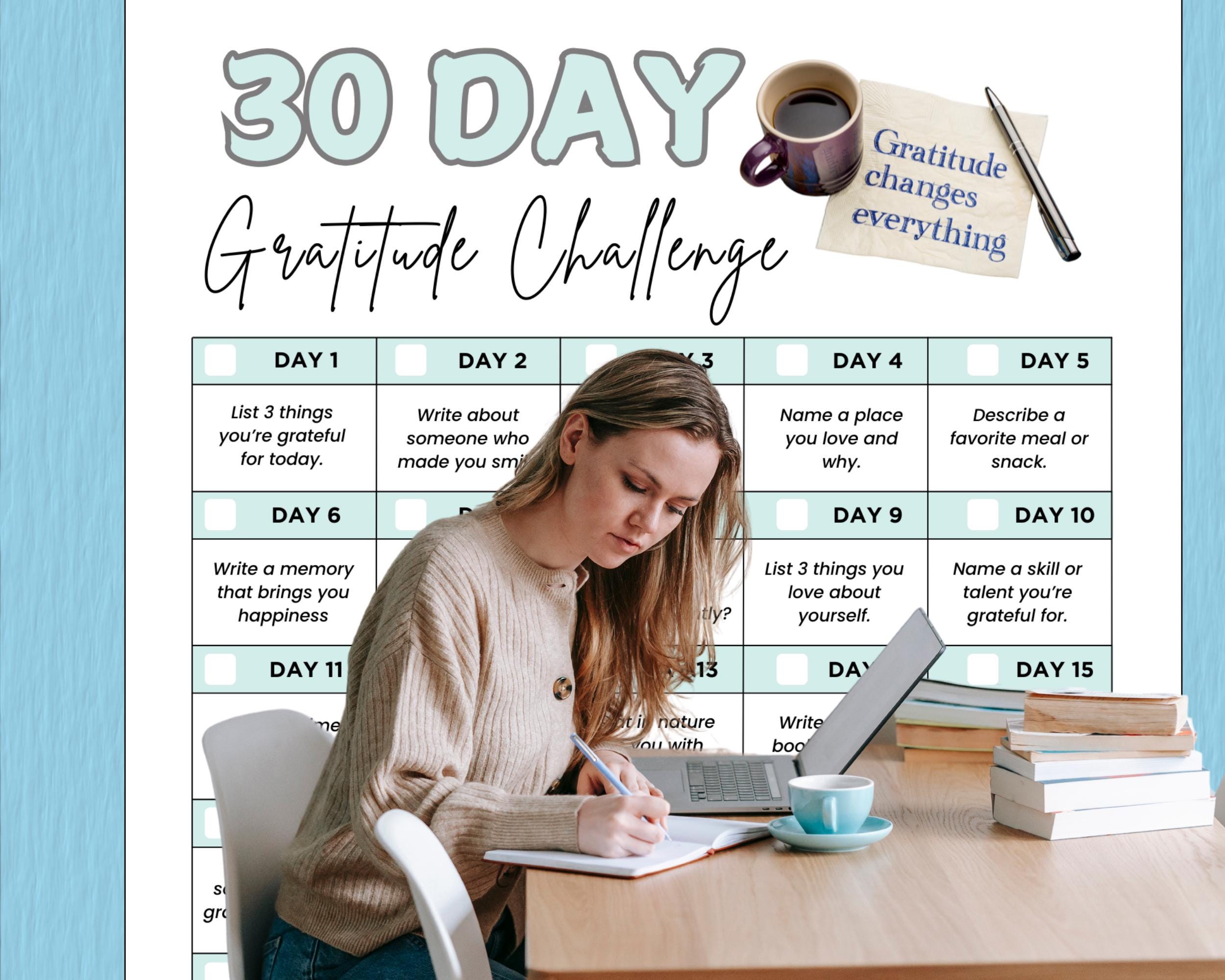 30 Day Printable Gratitude Challenge Tracker, Journal Prompts or Create ...