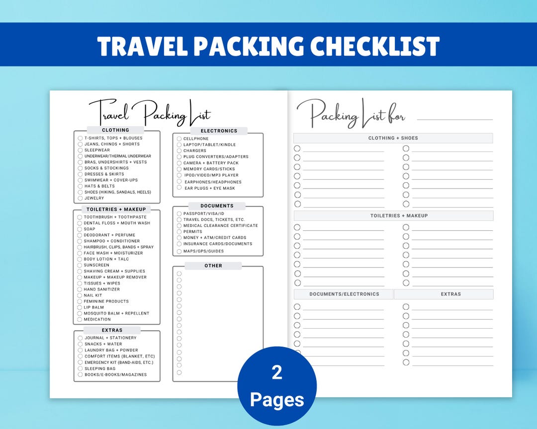 Printable Travel Packing Checklist for Holiday Family Trips, Vacations ...