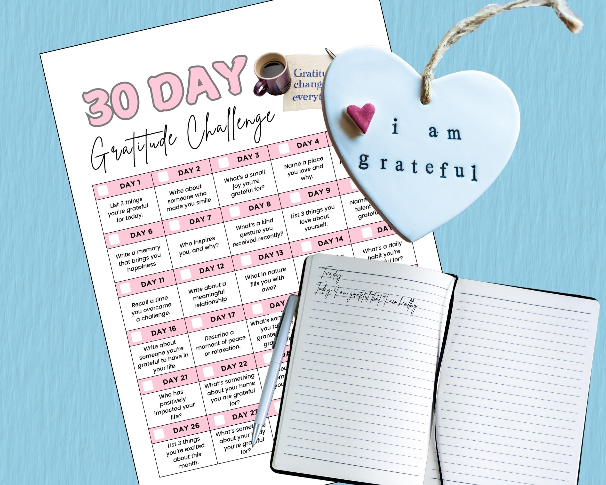 30 Day Printable Gratitude Challenge Tracker, Journal Prompts or Create ...