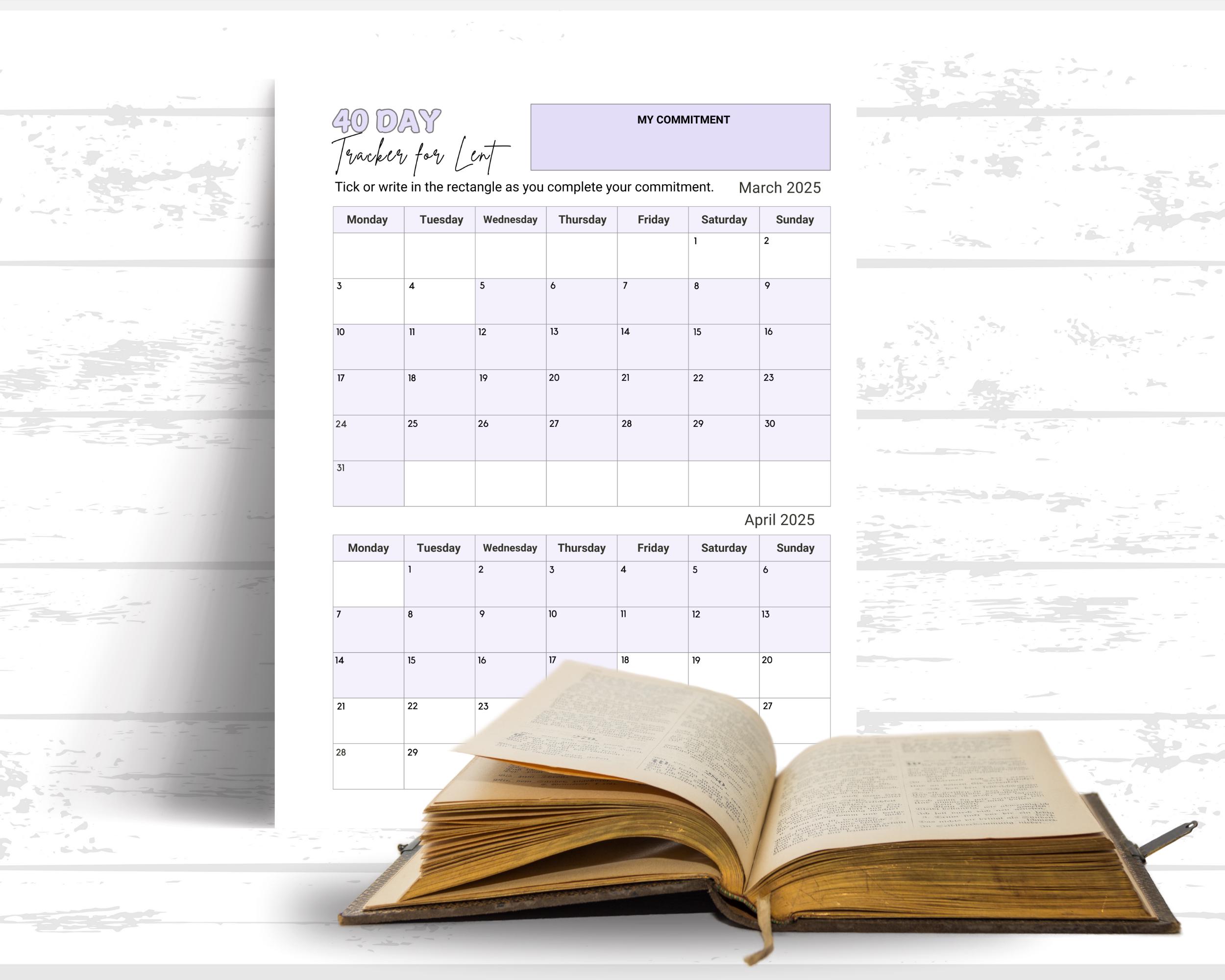 40 Day Lent Printable Tracker, Chart for 40 Day Lent Commitment ...