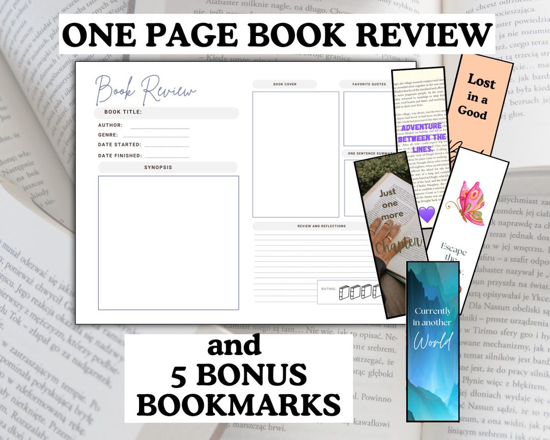 One Page Book Review, Printable Reading Tracker, Reading Journal, Book ...