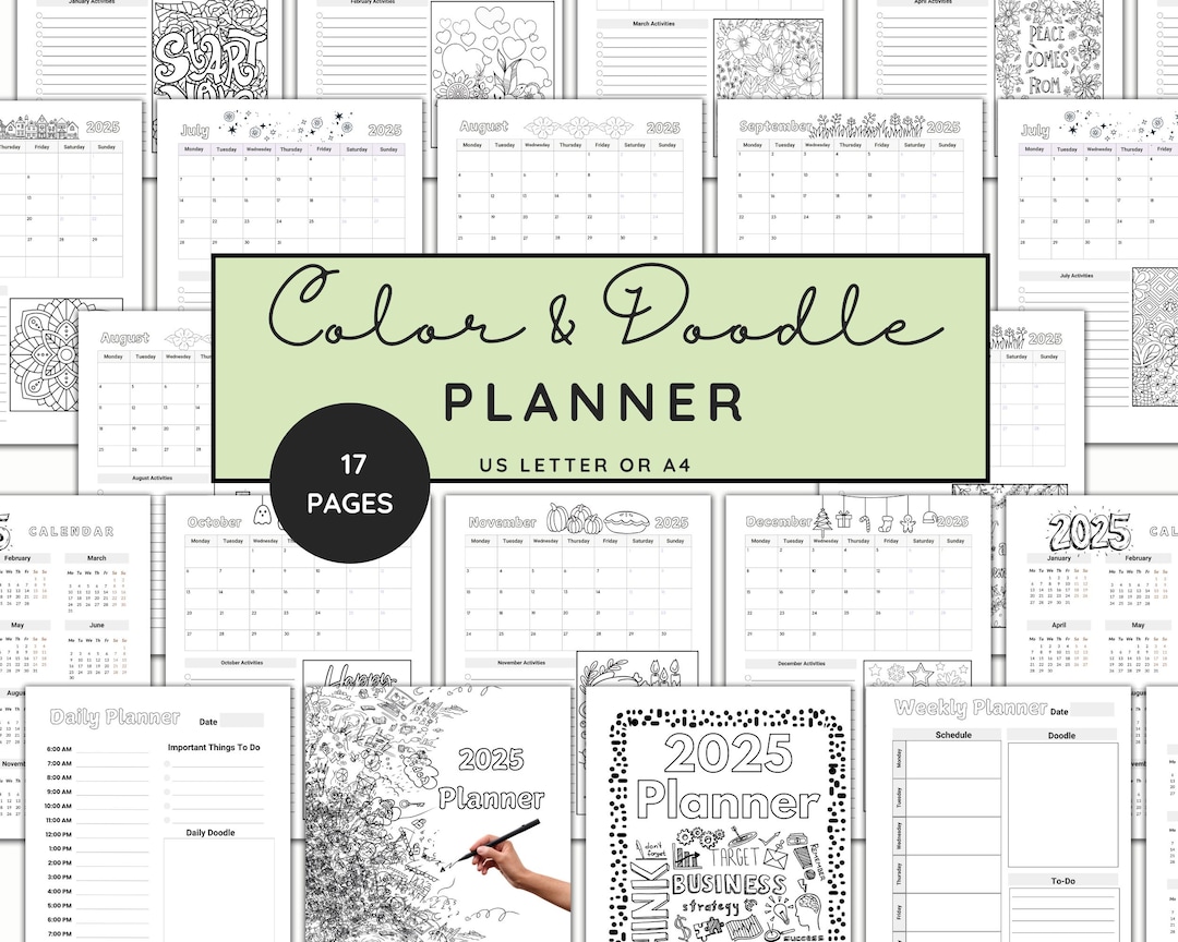 Printable Color and Doodle 2025 Planner, Monthly Weekly Daily Planner ...