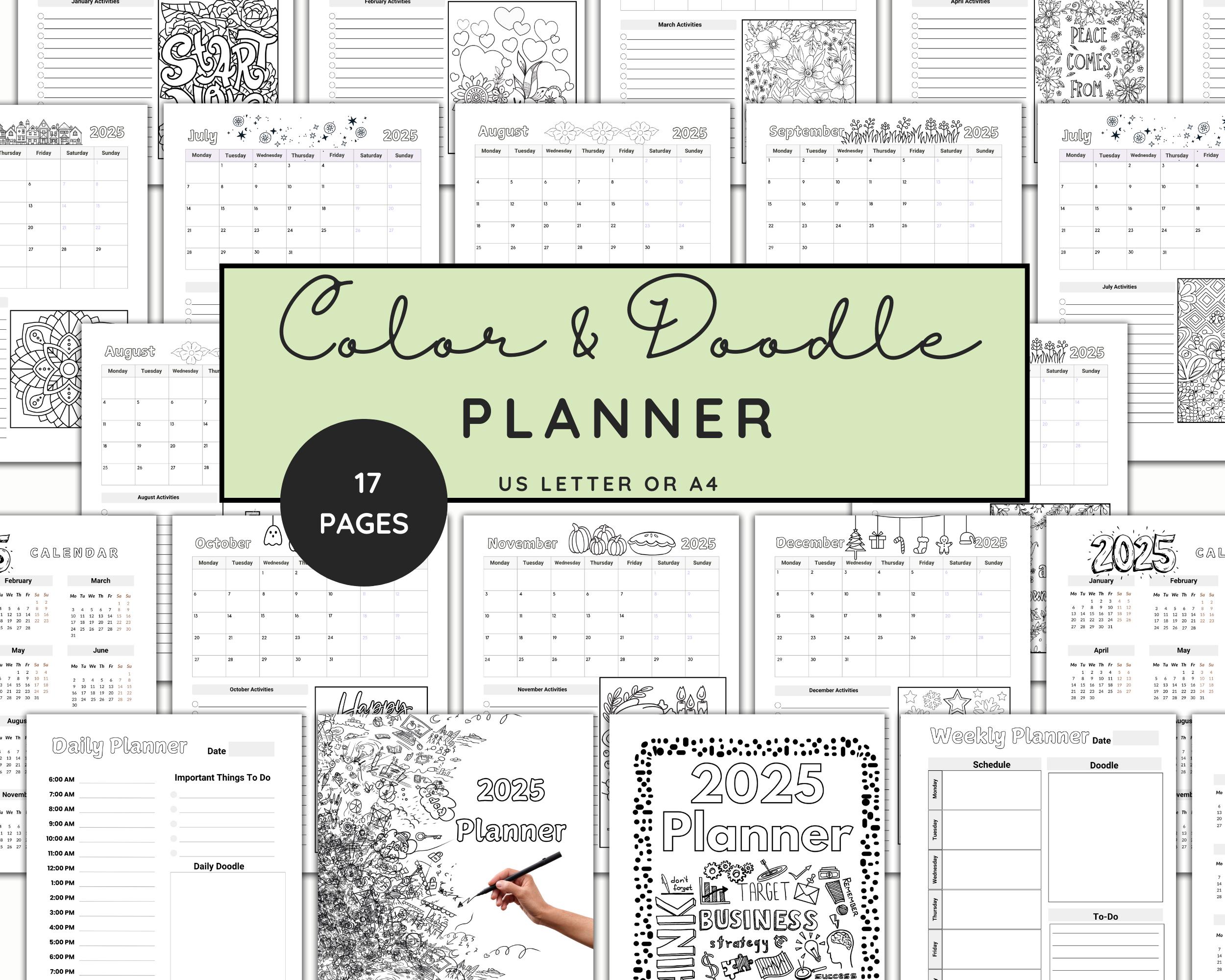 Printable Color and Doodle 2025 Planner, Monthly Weekly Daily Planner ...