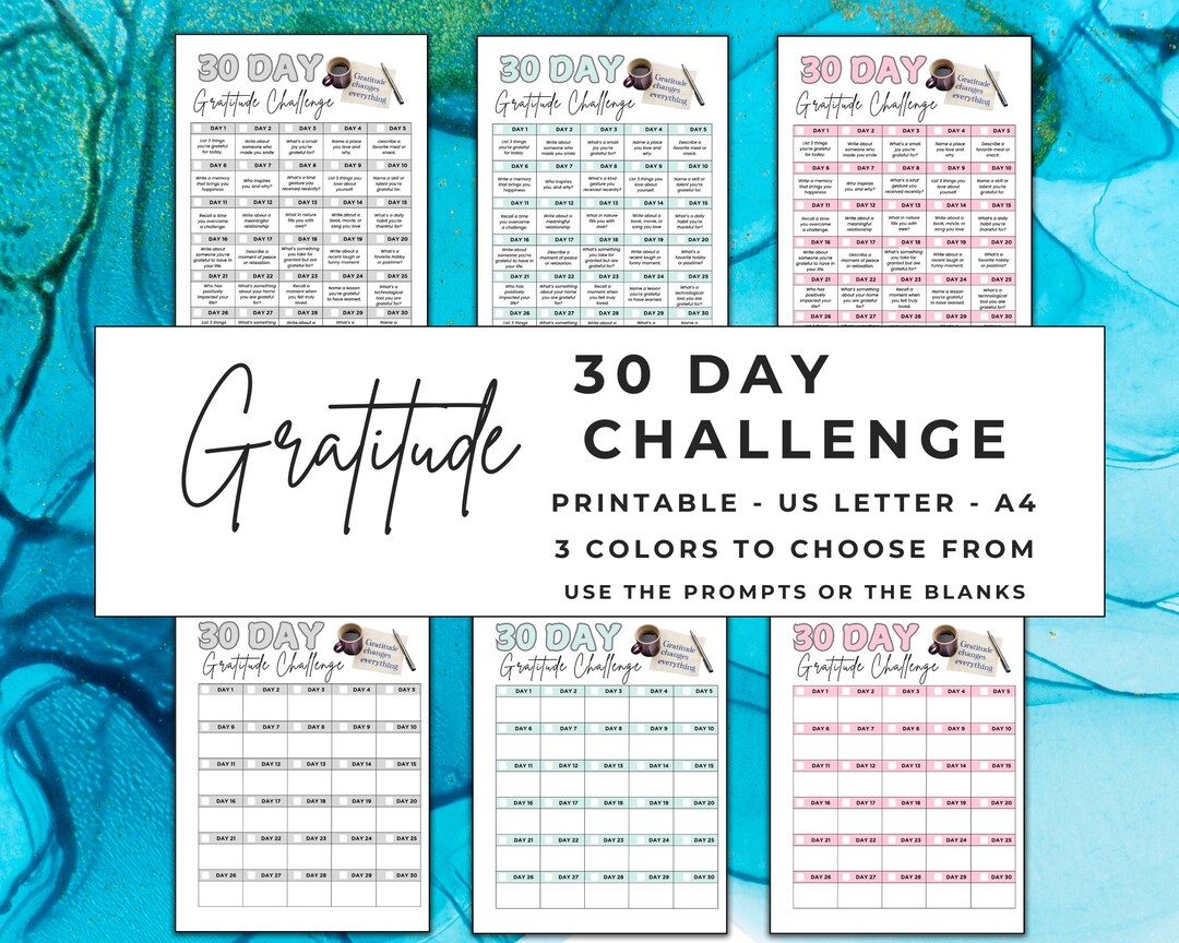30 Day Printable Gratitude Challenge Tracker, Journal Prompts or Create ...