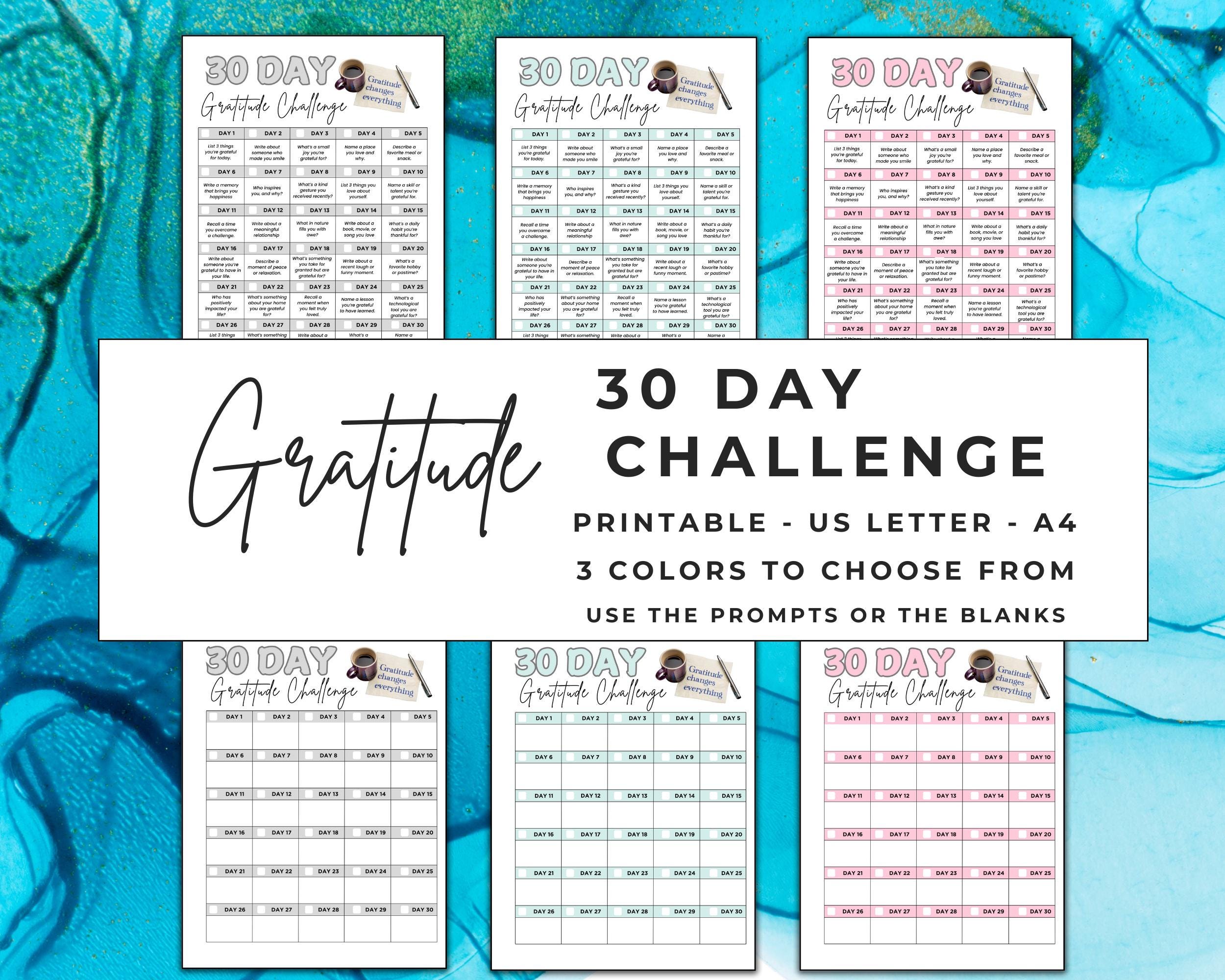30 Day Printable Gratitude Challenge Tracker, Journal Prompts or Create ...