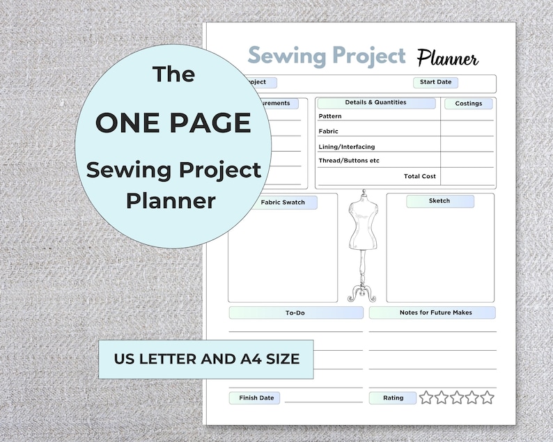Printable Sewing Project Planner and Journal, One Page Sewing Project ...