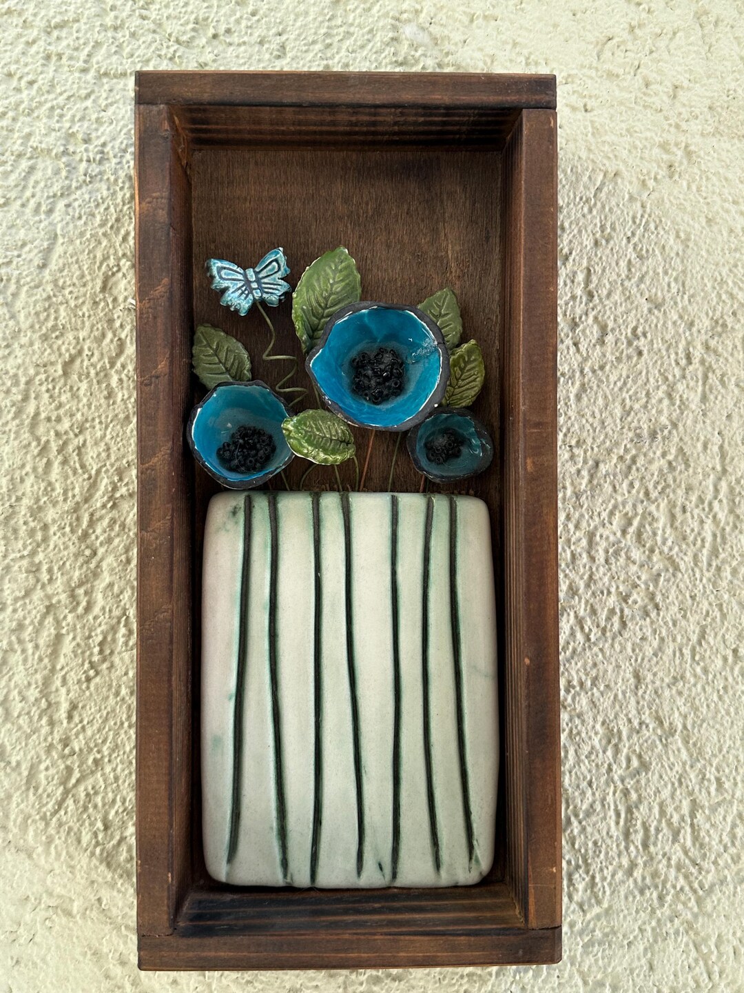 Ceramic Wall Hanging With Wood Frame / Flower Ceramic Art - Etsy
