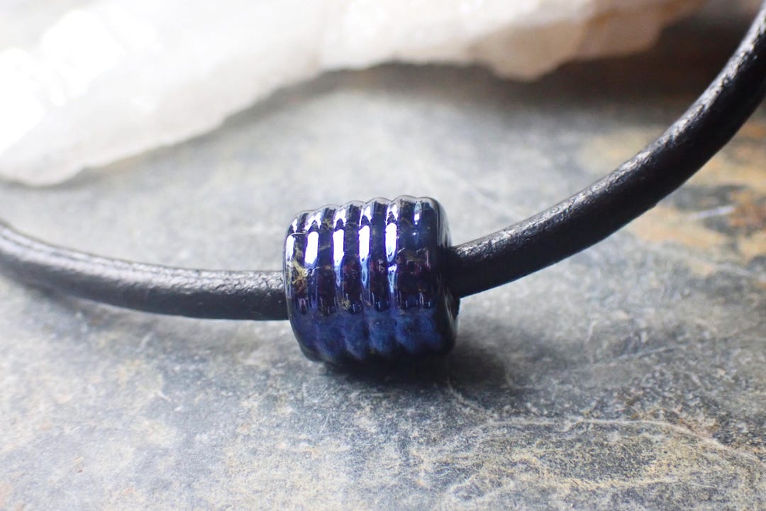 1 Handmade Black Bead With Blue Flecks – Large 5mm Hole, Fine Groove ...