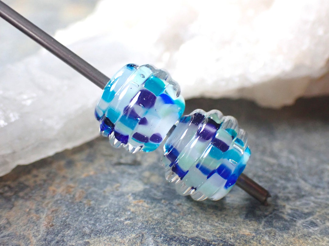 2 Beads With Champagne Relief Grooves With Shards of Danube Blue Glass ...