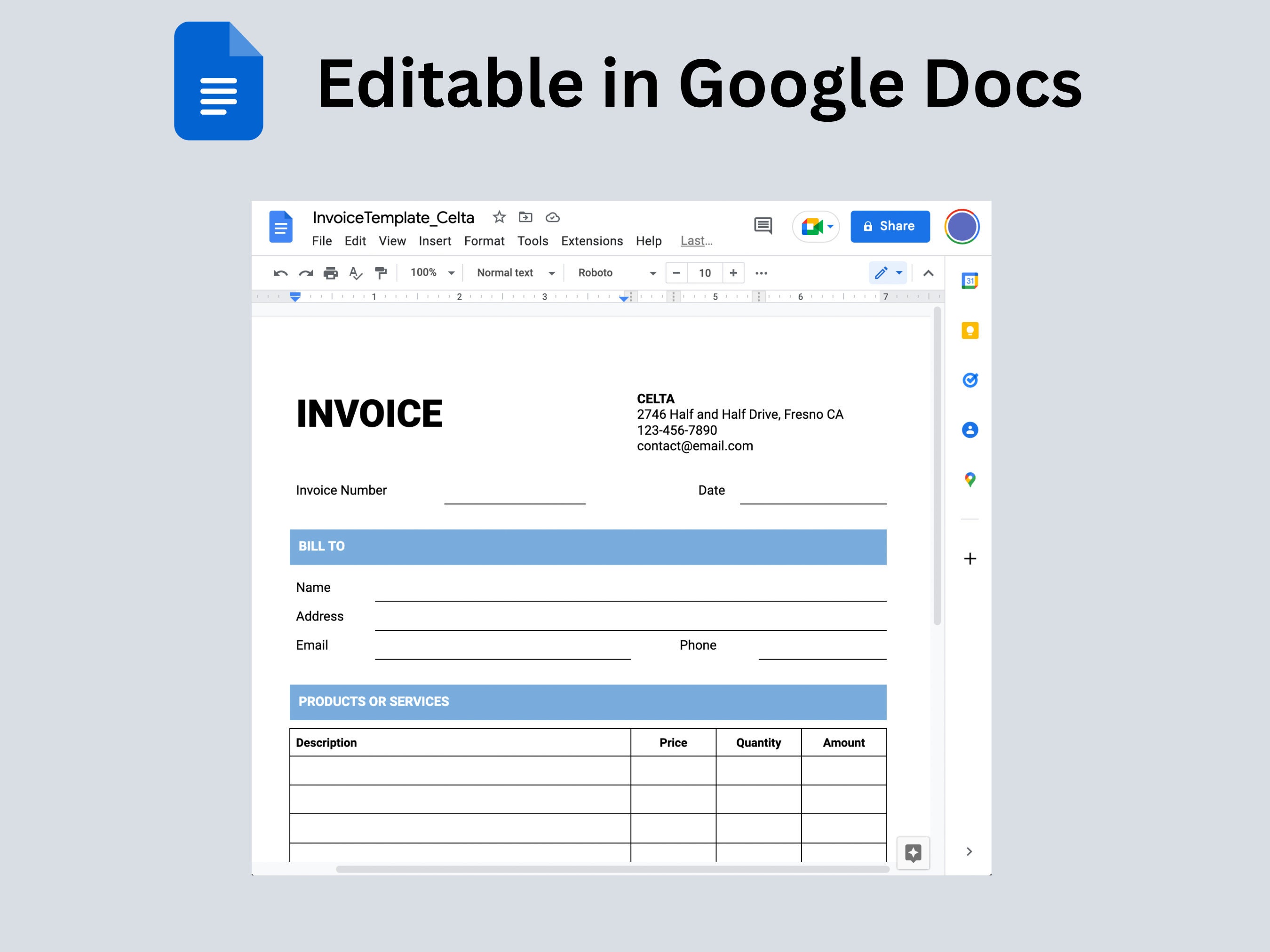 Invoice Template PDF Google Docs Word Printable PDF Editable PDF ...