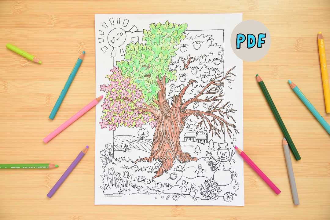 FOUR SEASONS Tree Coloring Page - Printable Page -seasonal Art Coloring ...