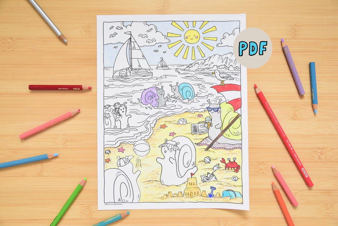 Snail Summer Day Beach | Coloring Page | Cute Snail Activity Coloring ...