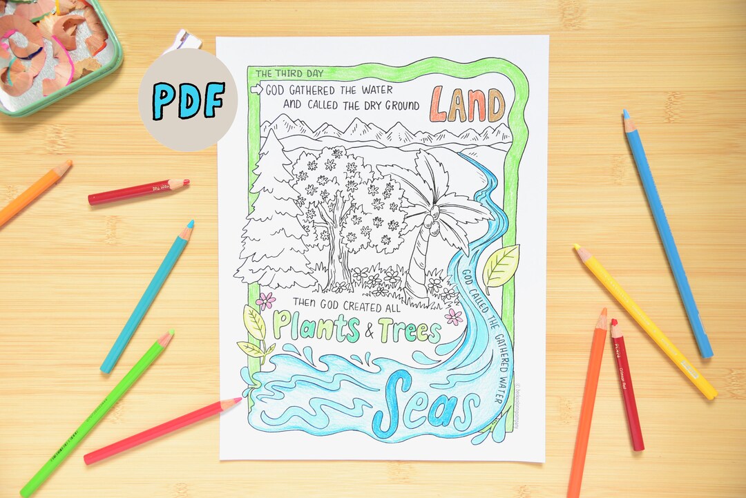 Day 3 of Creation Coloring Page, PDF Coloring Page Christian Homeschool ...