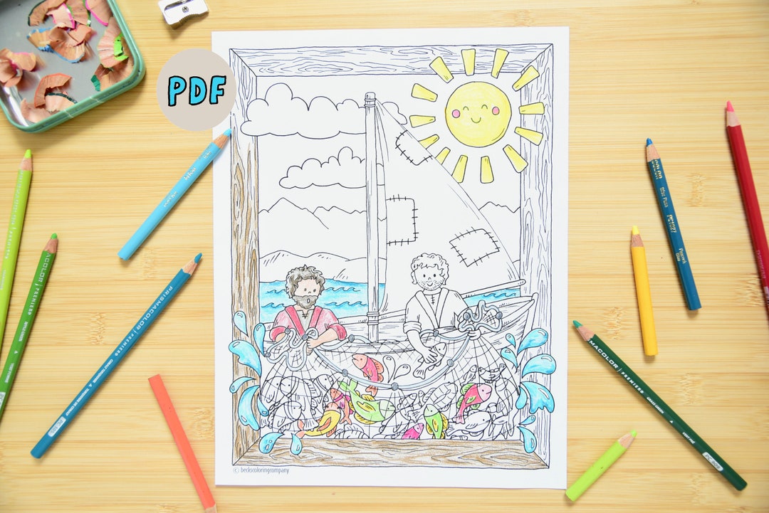 PDF Printable - Jesus Fish Miracle Coloring Page, Christian Homeschool ...