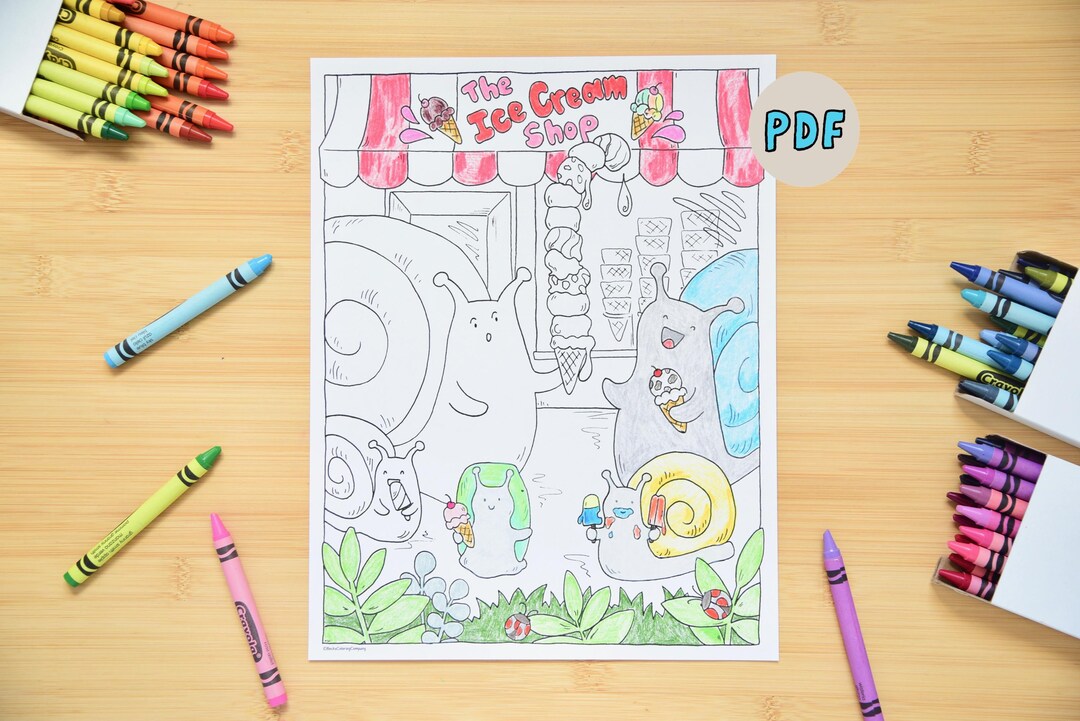 PDF Coloring Page - Happy Snail Icecream Coloring Page - Cute Activity ...