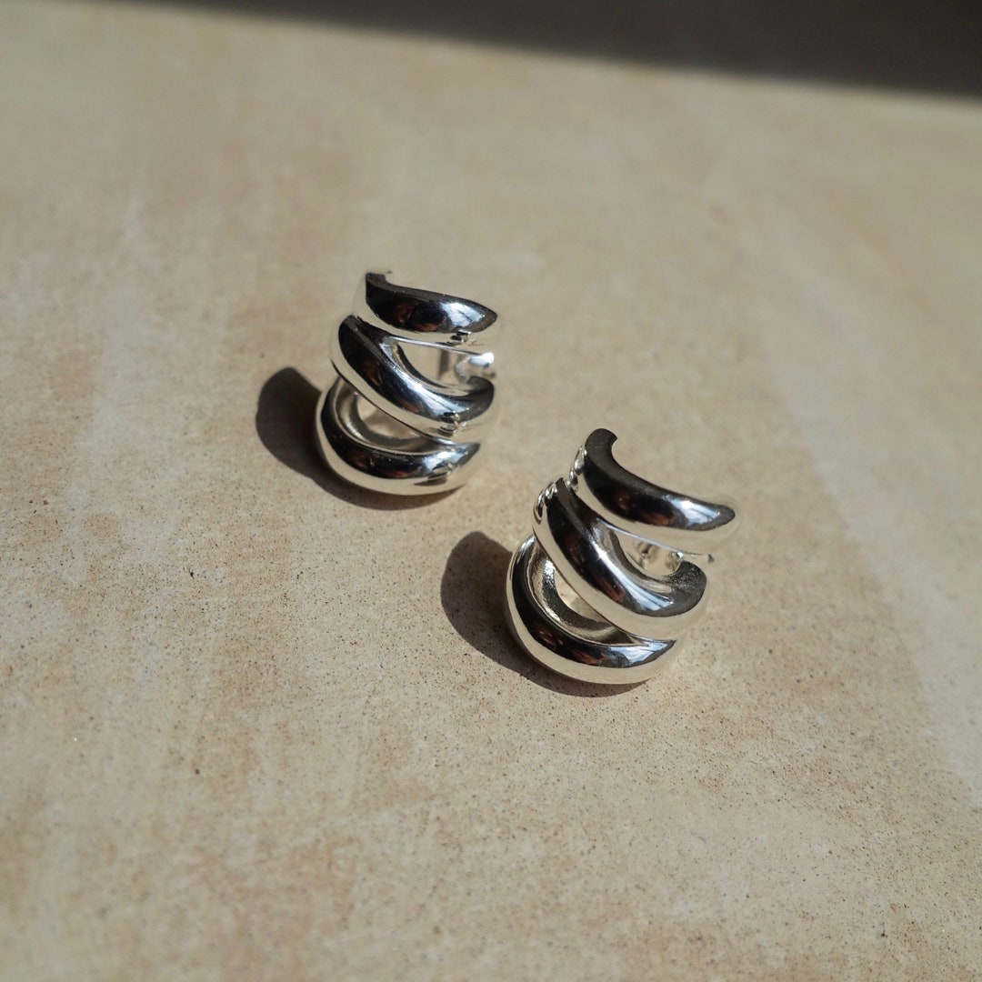 Sterling Silver Triple Hoop Earrings, Silver Chunky Hoop Earrings ...