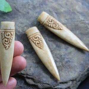 Antique Look Hand Carved Bone Tusk Pendant Traditional Style Side ...