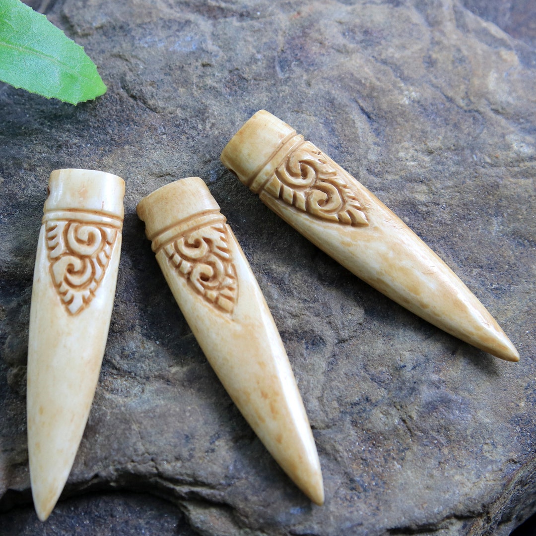 Antique Look Hand Carved Bone Tusk Pendant Traditional Style Side ...