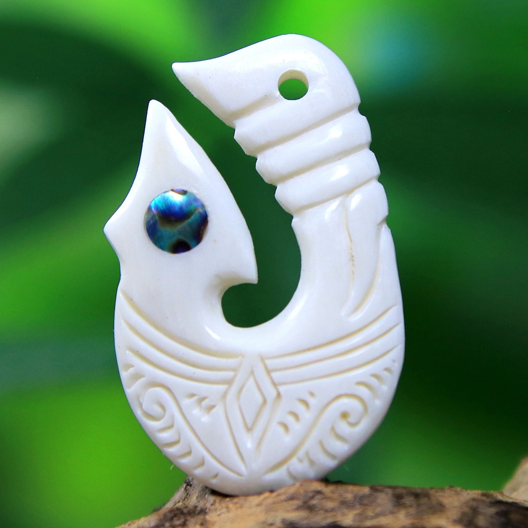 Hand Carved Bone Fish Hook Pendant: Maori Style Abalone Necklace - Etsy