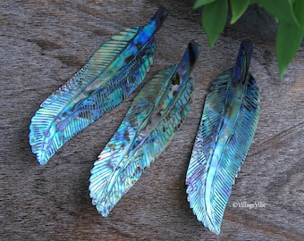 Hand Carved Abalone Shell Feather Earrings Pair Bohemian | Etsy