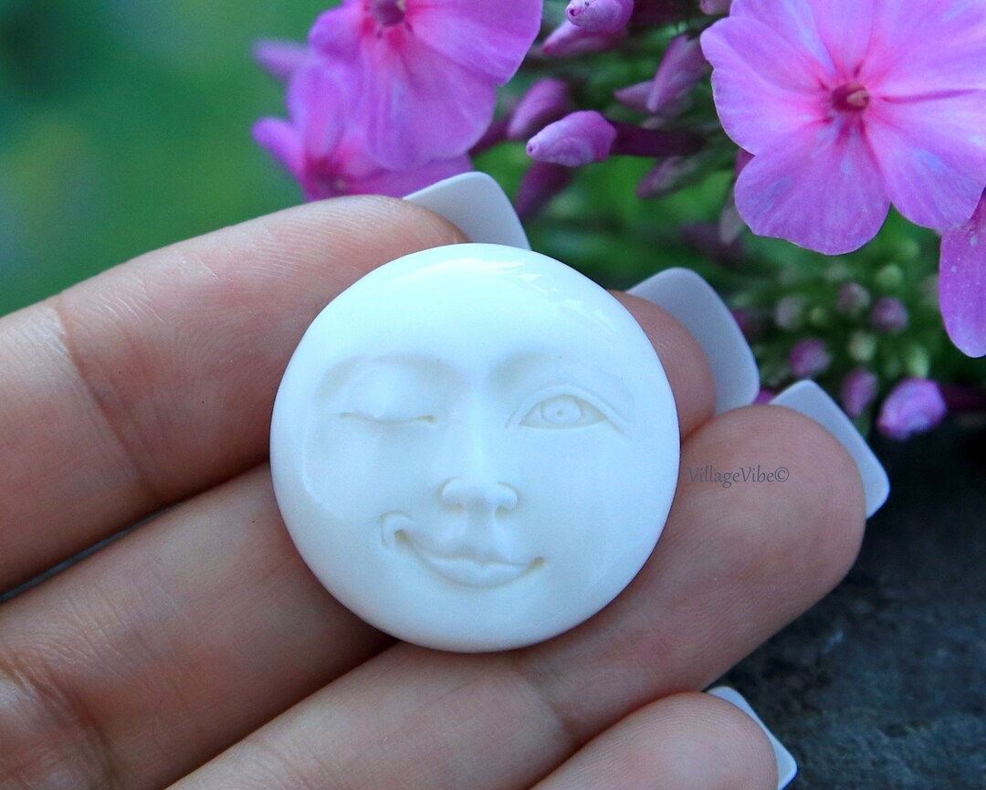 Carved Bone Moon Face Cabochon Winking Eyes - Etsy