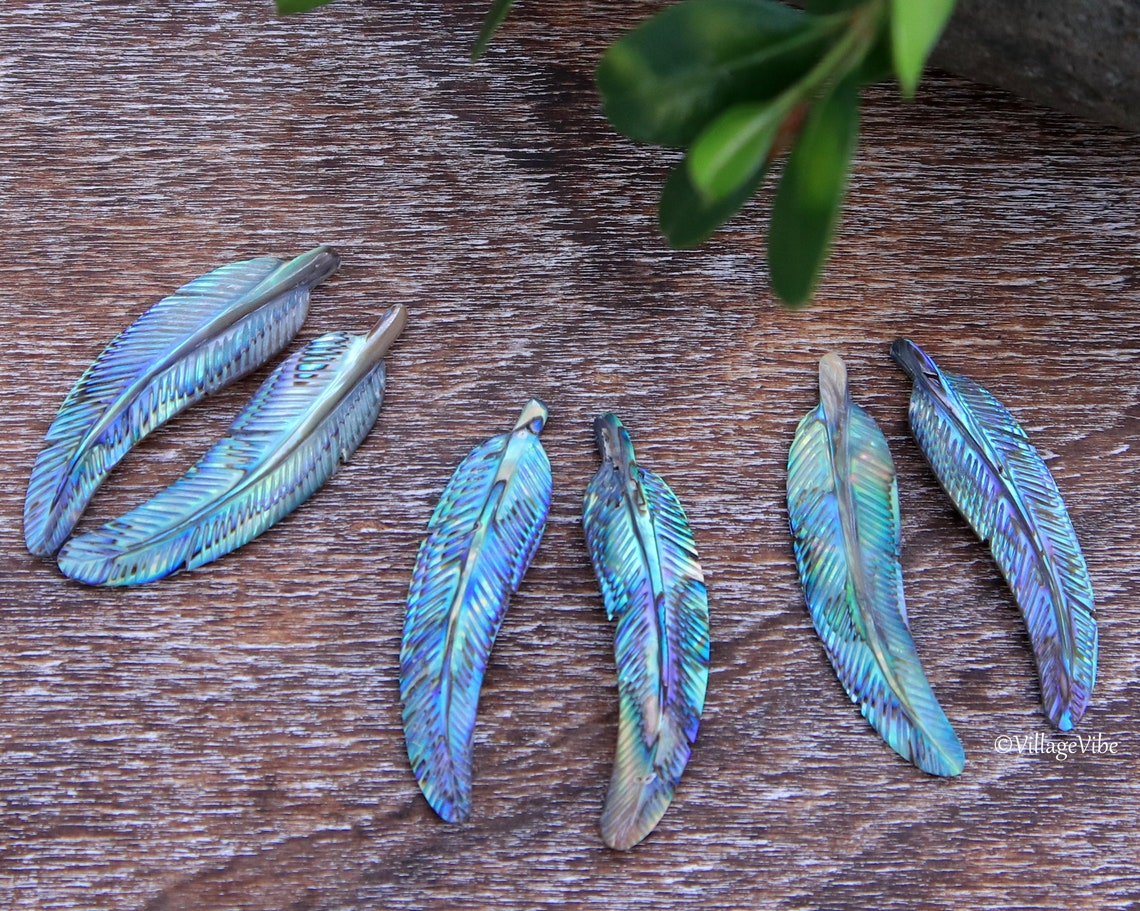 Hand Carved Abalone Shell Feather Earrings Pair Bohemian - Etsy
