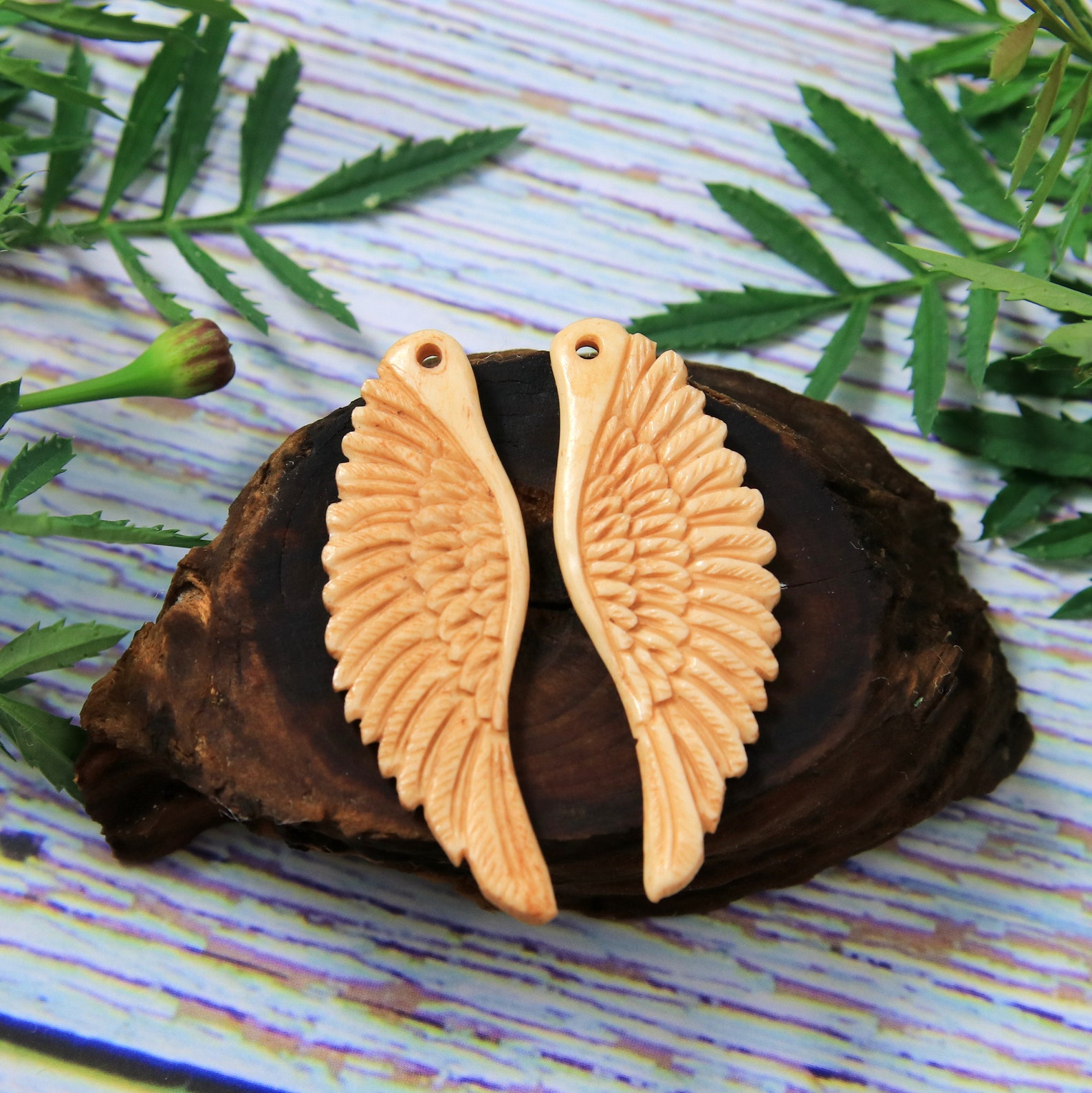 Angel Wings Beads Pair, Hand Carved Bone Cabochon Bohemian Earring ...