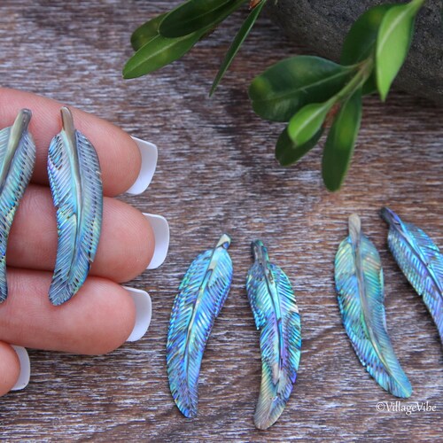 Hand Carved Abalone Shell Feather Earrings Pair Bohemian - Etsy
