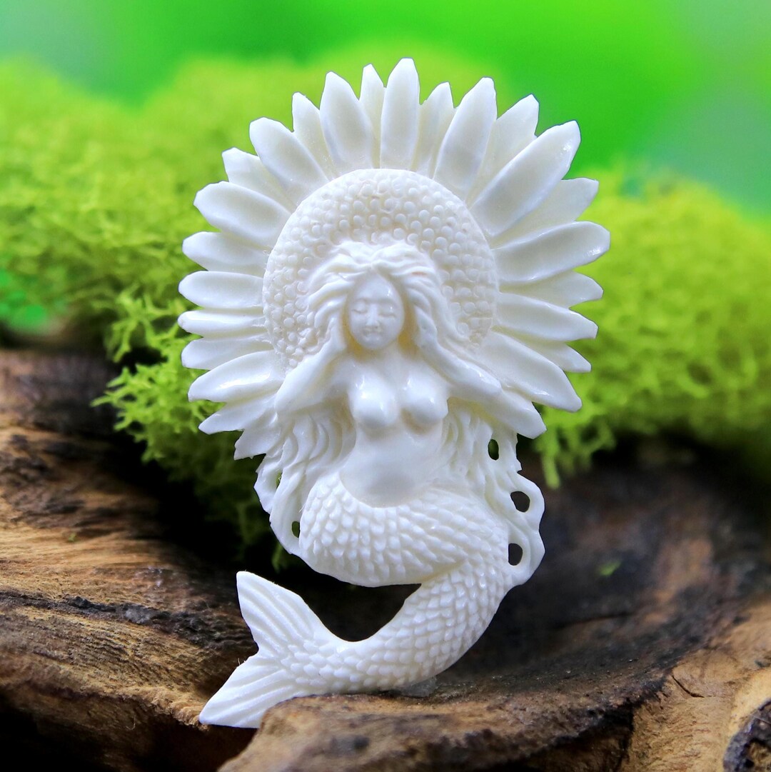 Mermaid Sea Siren Sculpture Carved Buffalo Bone Cabochon, Mythical Sea ...