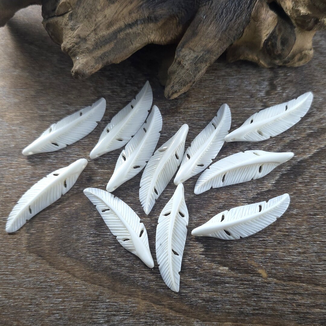 Hand Carved Bone Cabochon Feather Pendant Side Drilled Organic Jewelry ...