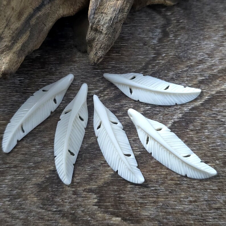 Hand Carved Bone Cabochon Feather Pendant Side Drilled Organic Jewelry ...