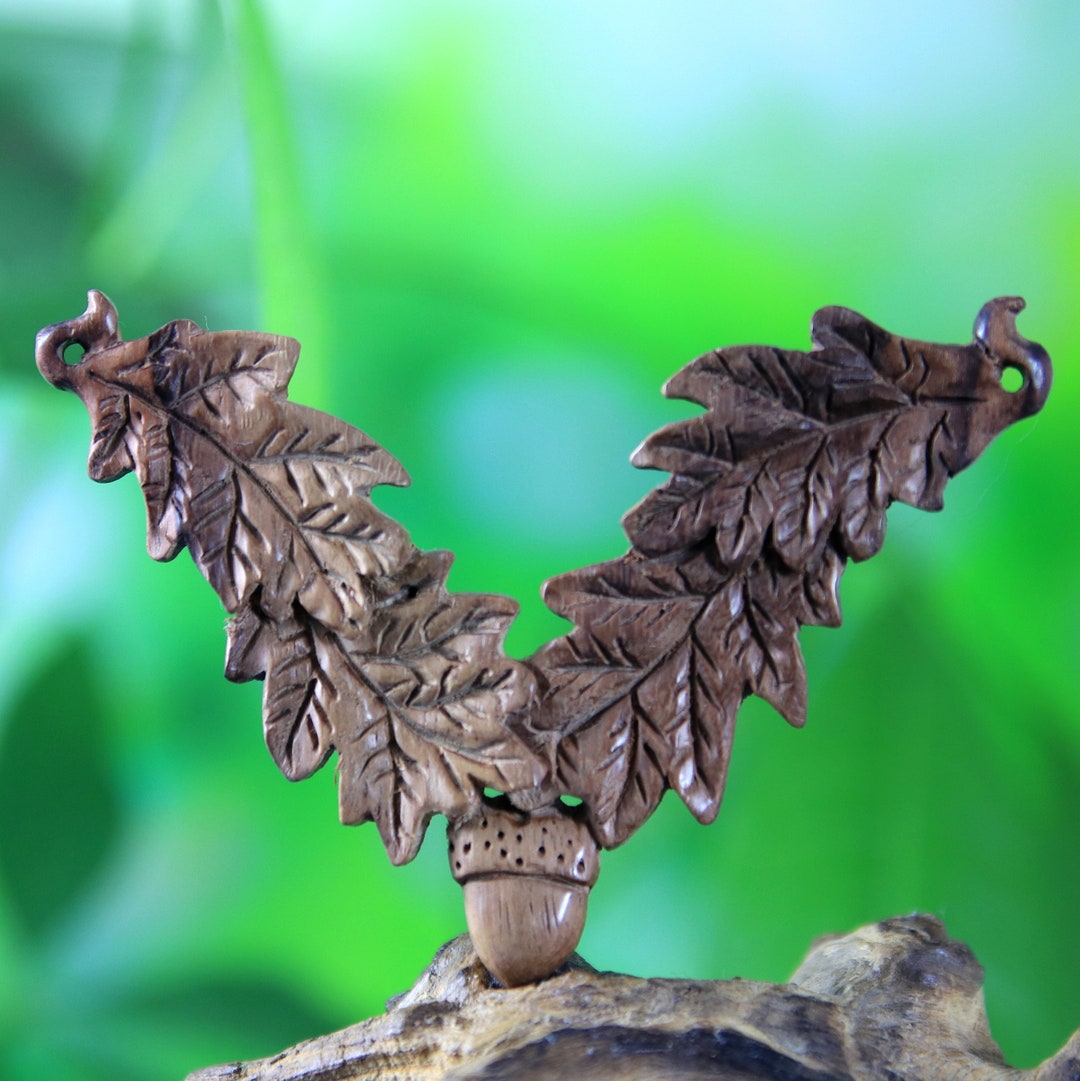 Hand Carved Bone Leaf Pendant With Acorn | Nature Jewelry Focal ...