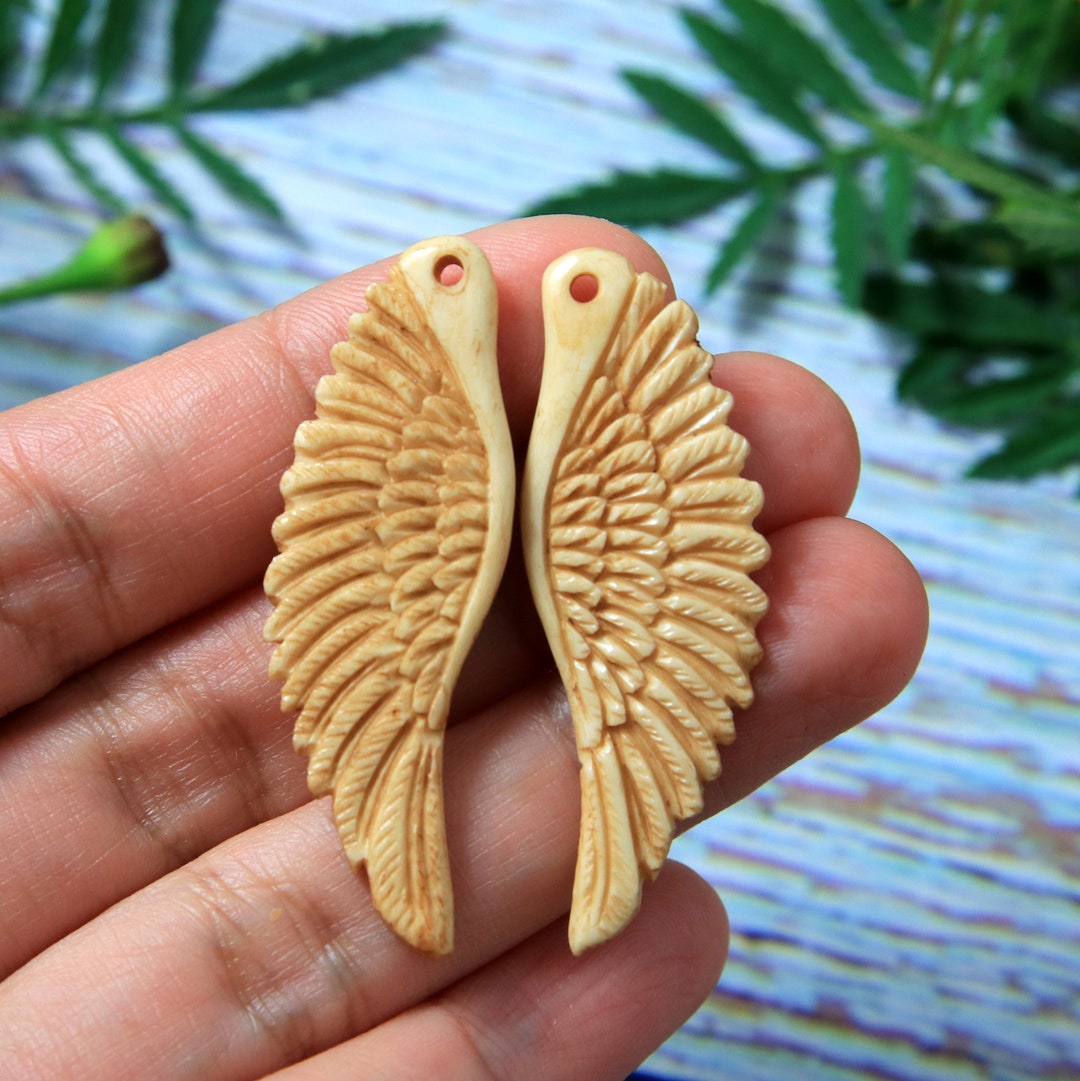 Angel Wings Beads Pair, Hand Carved Bone Cabochon Bohemian Earring ...