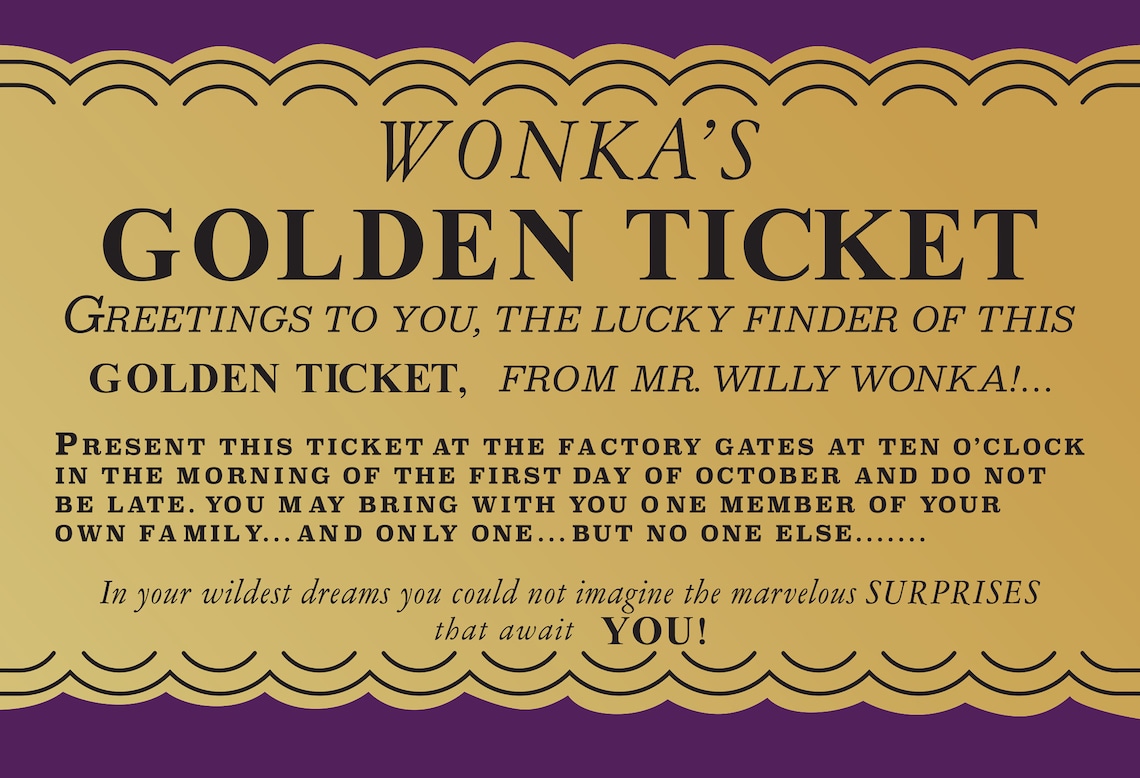 Charlie and the Chocolate Factory Golden Ticket Willy Wonka | Etsy
