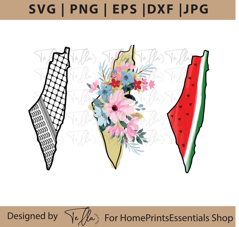 3 Palestine Maps Svg, Kufiya Maps Png, Watermelon Palestine Map, Floral ...