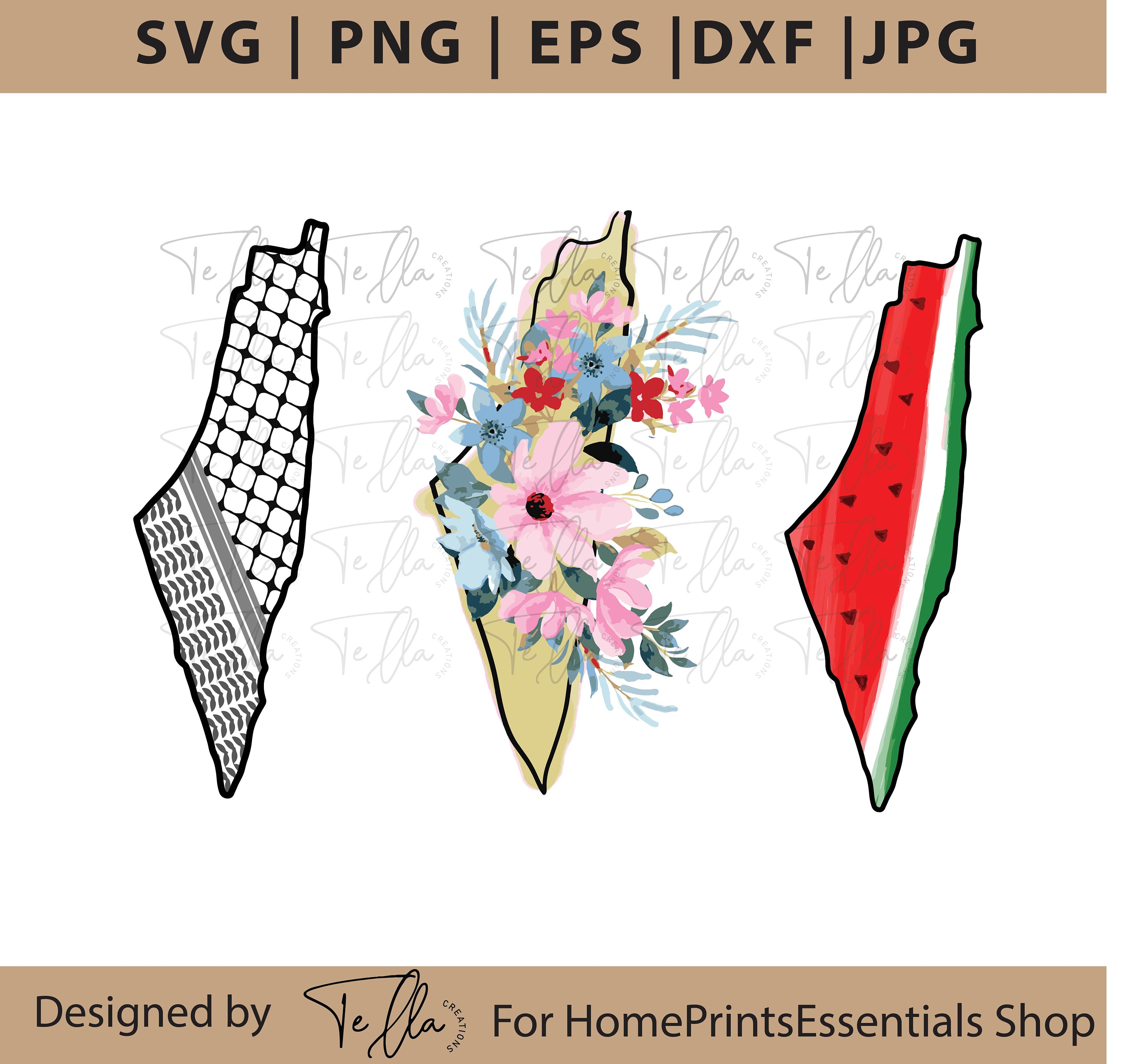 3 Palestine Maps Svg, Kufiya Maps Png, Watermelon Palestine Map, Floral ...