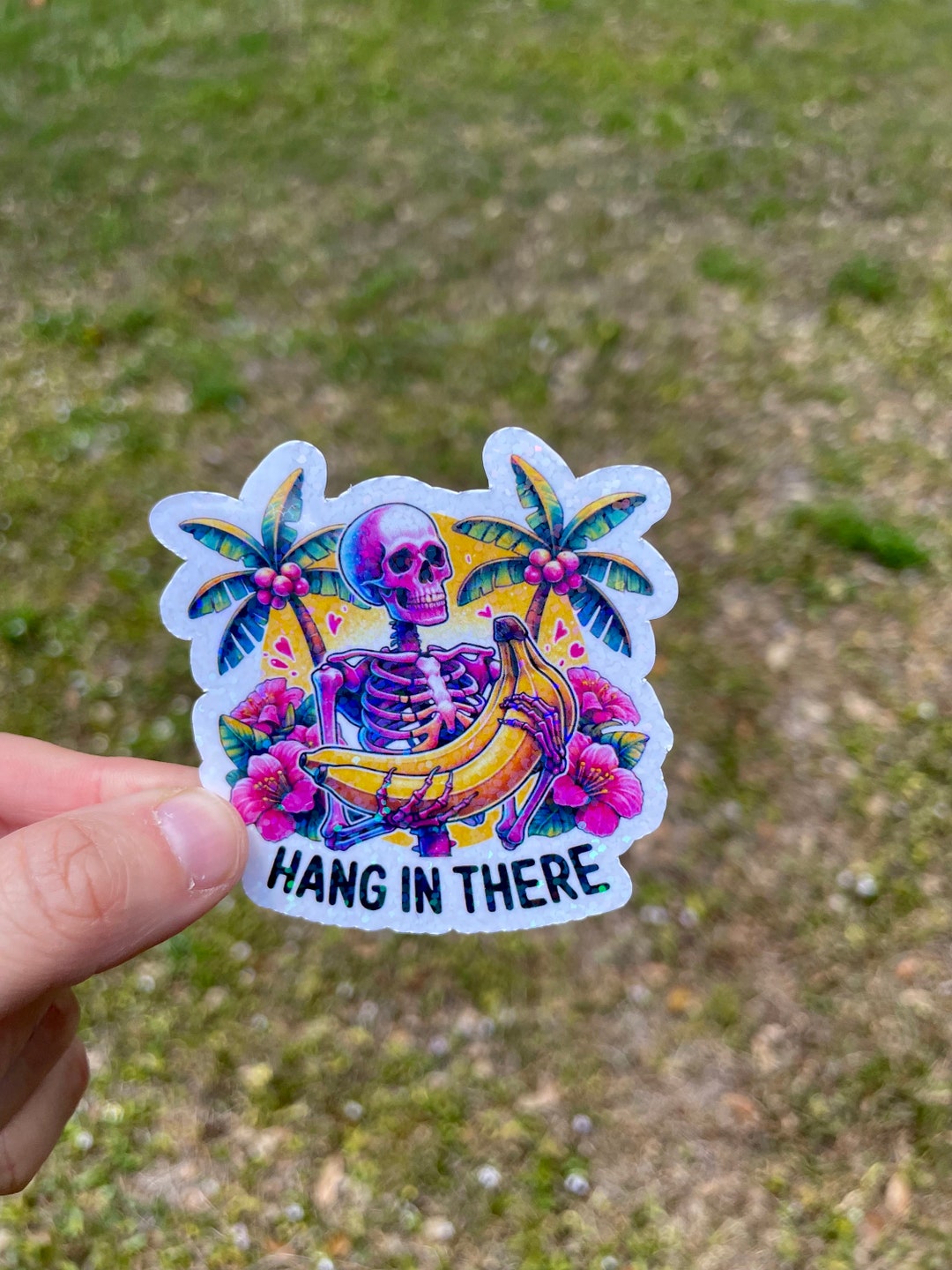 Hang in There Skeleton Vinyl Waterproof Sticker, Tropical Sticker ...