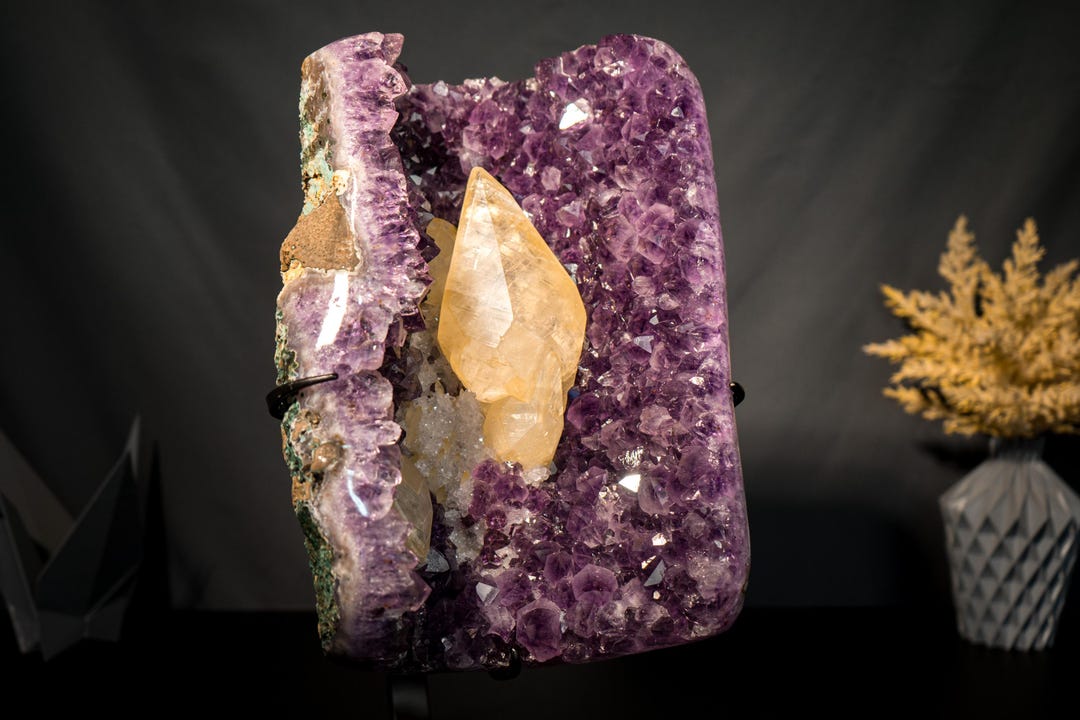 Rare 8-inch Scalenohedral Golden Calcite on Purple Amethyst – Large ...