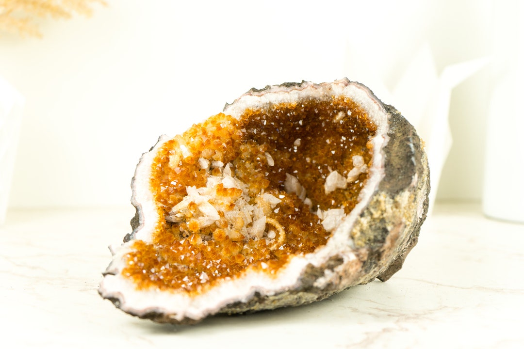 Natural Citrine Geode Cave With Deep Orange Citrine Druzy and Calcite ...