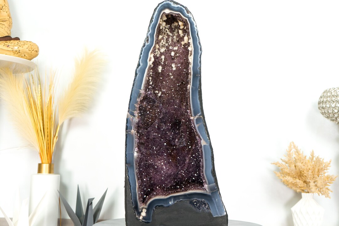 Gorgeous Tall Blue Banded Agate Geode Cathedral With Calcite and ...