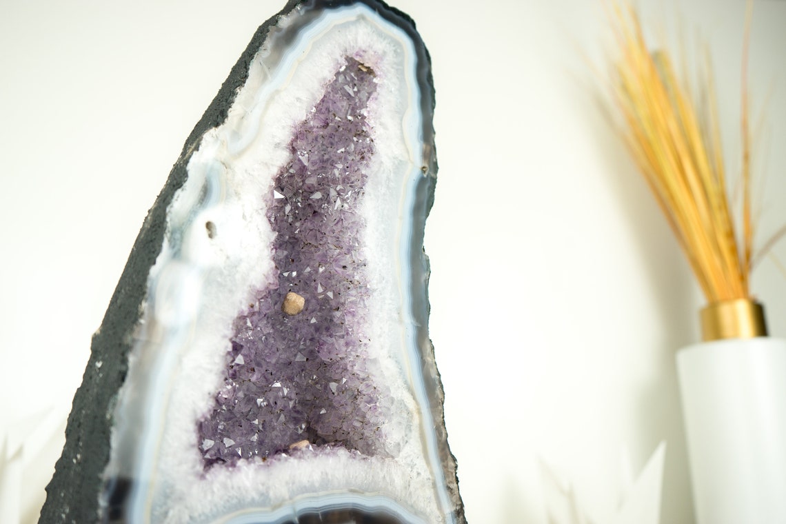 Rare White and Blue Lace Agate Cathedral Geode With Lavender Amethyst ...