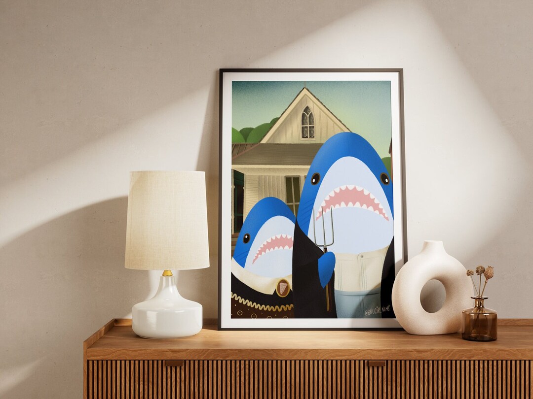 Blahaj Shark American Gothic Parody Poster: Funny Kids Unique Wall Art ...