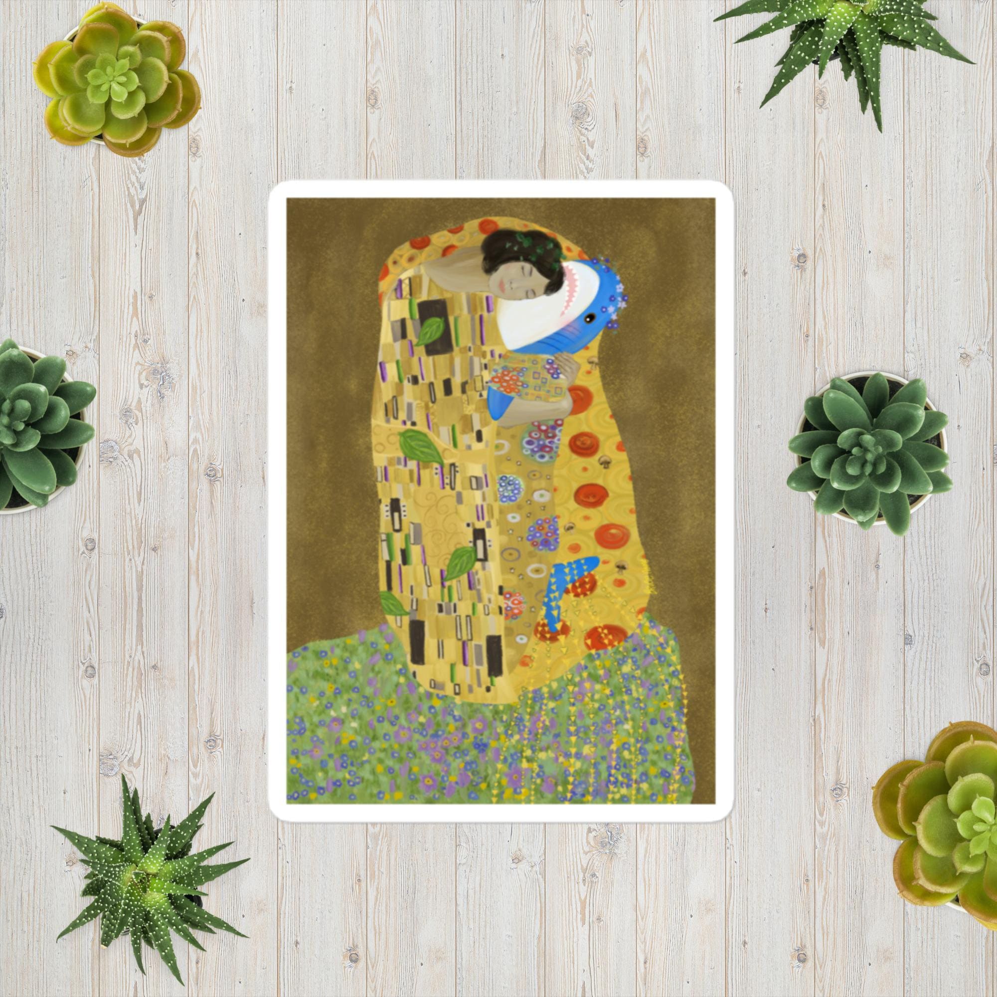 The Blahaj Hug Sticker Gustav Klimt the Kiss Parody Painting - Etsy