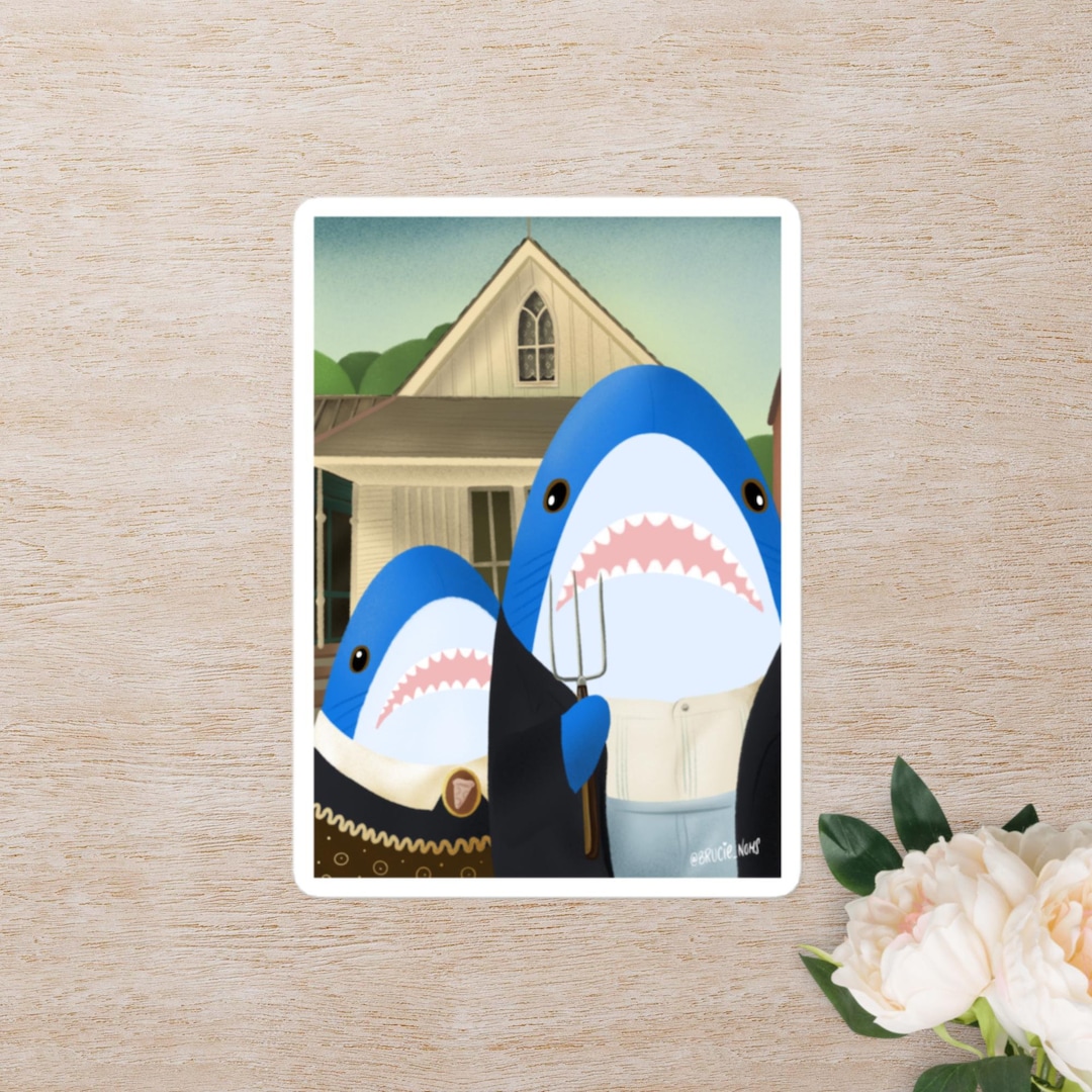 American Gothic Shark Blahaj Parody Art Stickers | Famous Painting ...