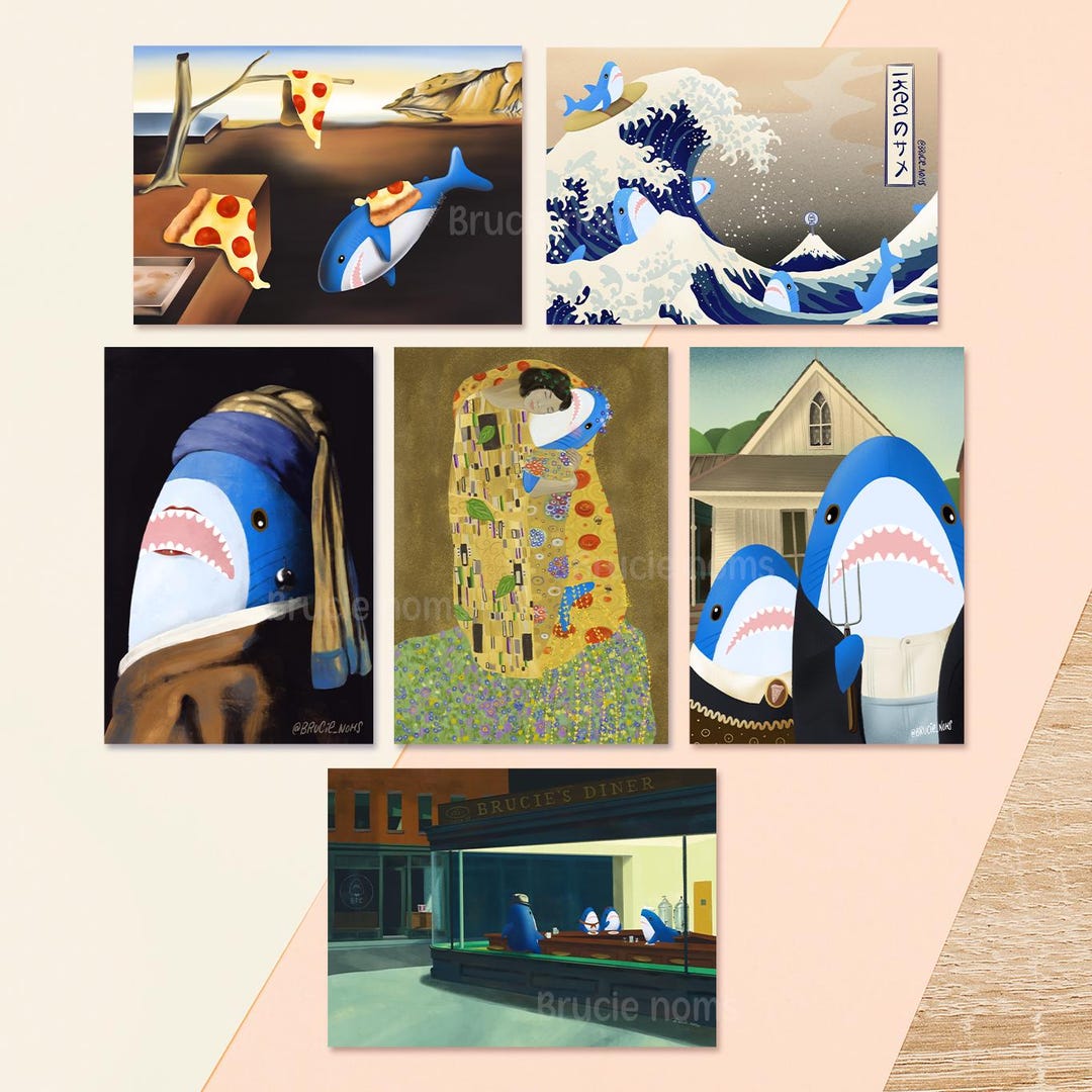 Cute Shark Blahaj Parody Famous Painting Art Prints | Postcard Print ...