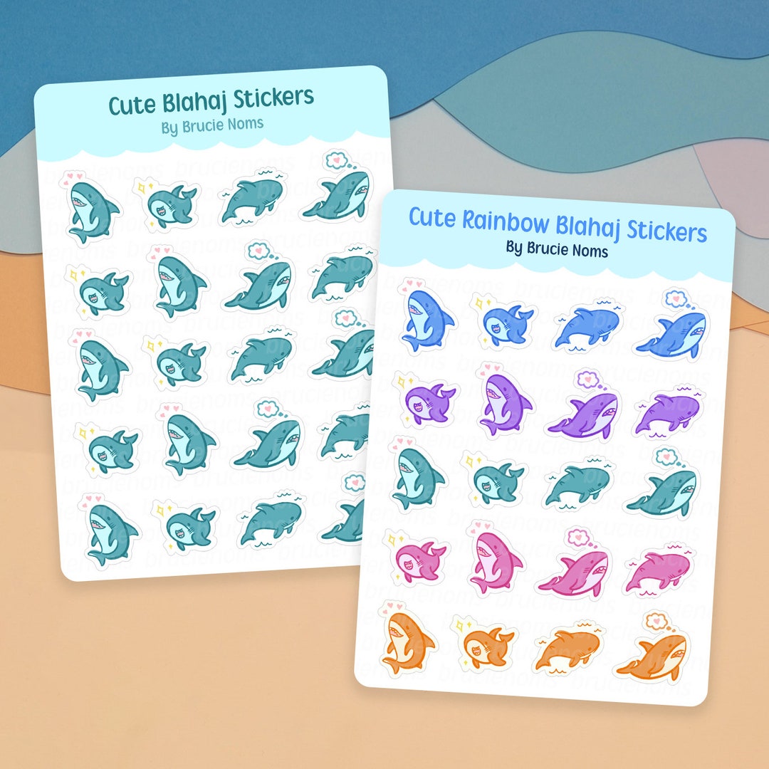 Cute Rainbow or Teal Blahaj Sharks Comic Style Sticker Sheet | Vinyl ...