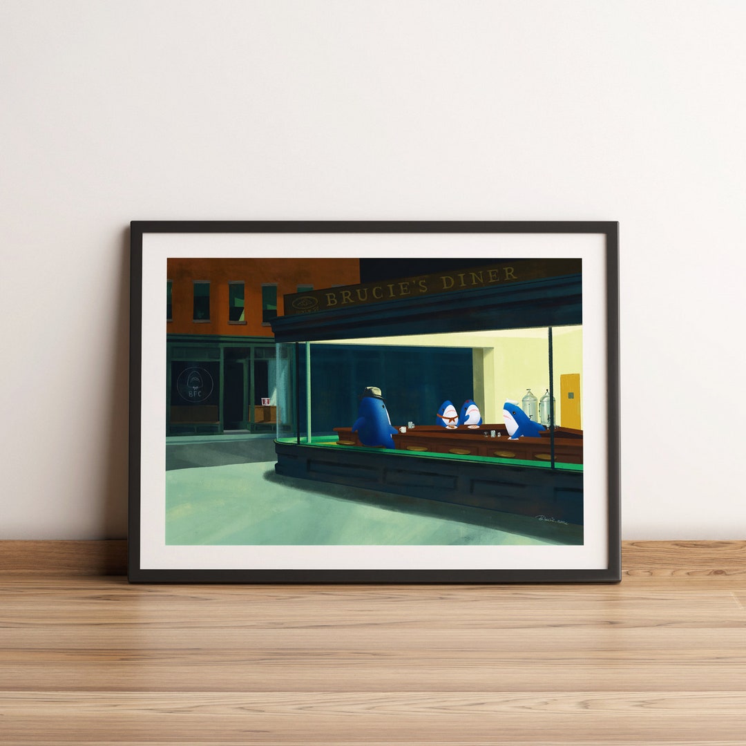Blahaj Nighthawks Painting Poster | Edward Hopper Parody Funny Shark ...